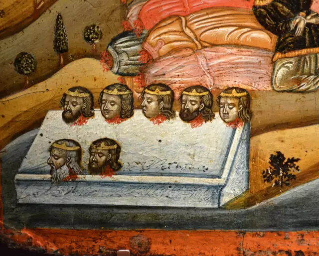 구약 Slasher, 중세 여성 권한 부여, 적의 머리, 머리, 말의 총구, 접시와 엉덩이 접시에 말 총구, 탈출 된 성도들, 얼굴 대신 꽃이있는 하나님 께의 중세 예술에서 탈출 된 성도들과 머리가없는 사람들 10461_24